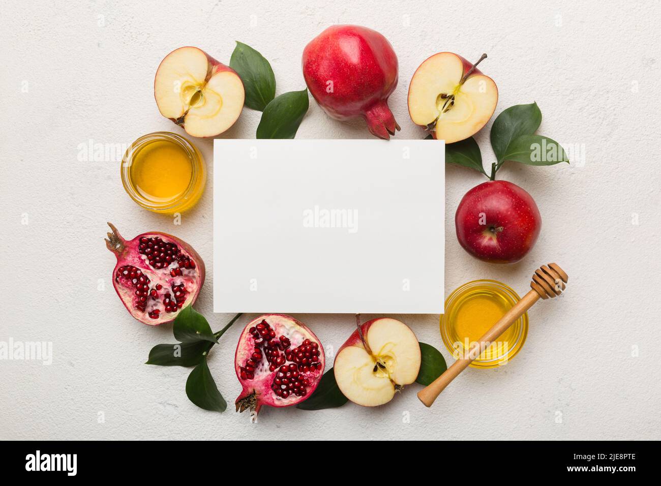 Flat lay composition with Blank flyer poster and symbols jewish Rosh ...