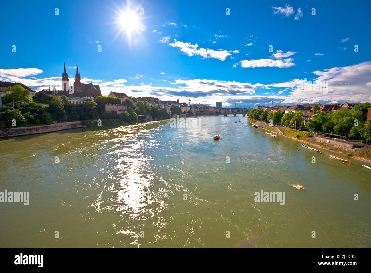 Rhine river in Basel view from the bridge, northwestern Switzerland ...