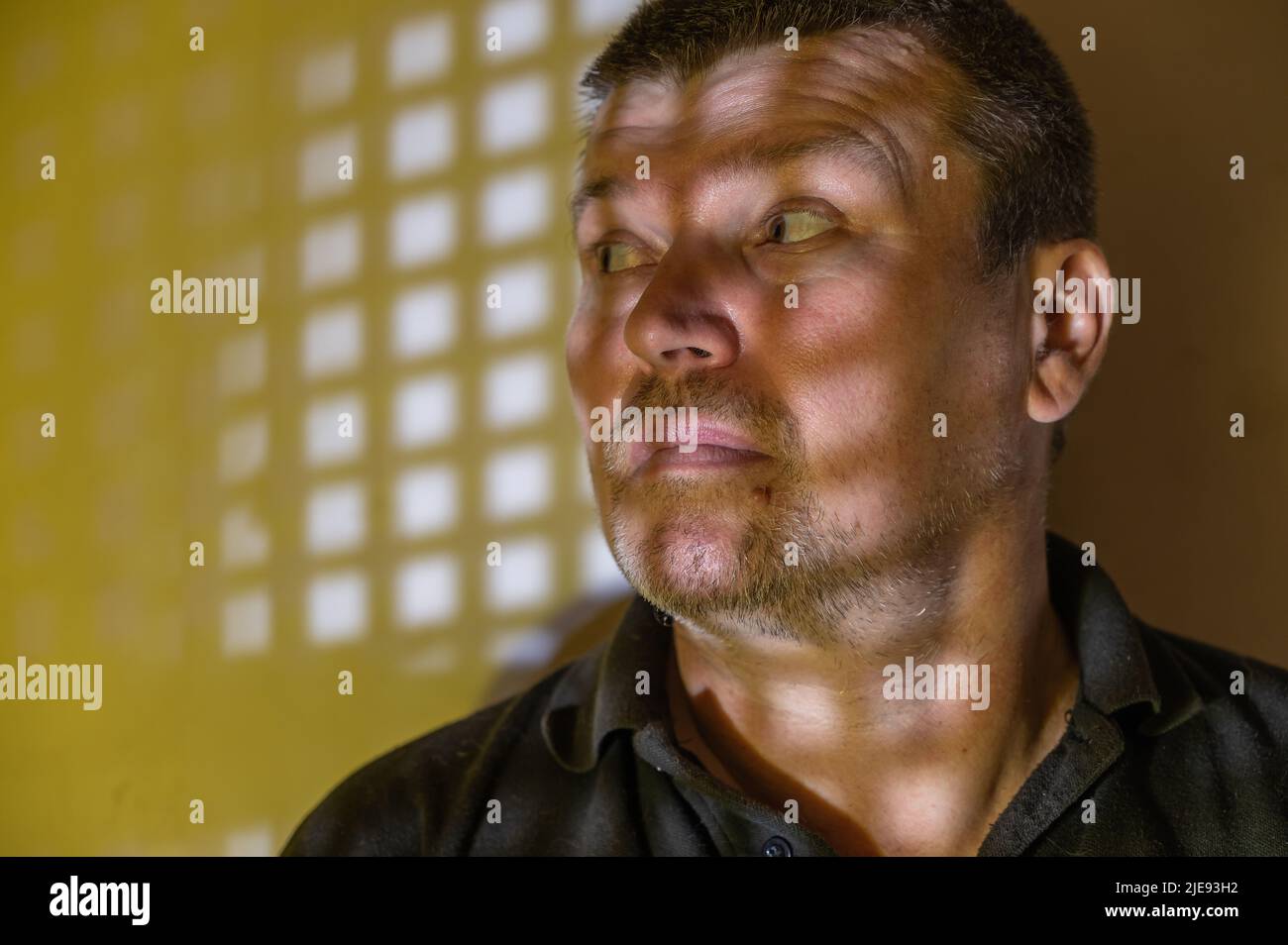 A portrait of a dreamy man against a yellow wall. A pattern of ...