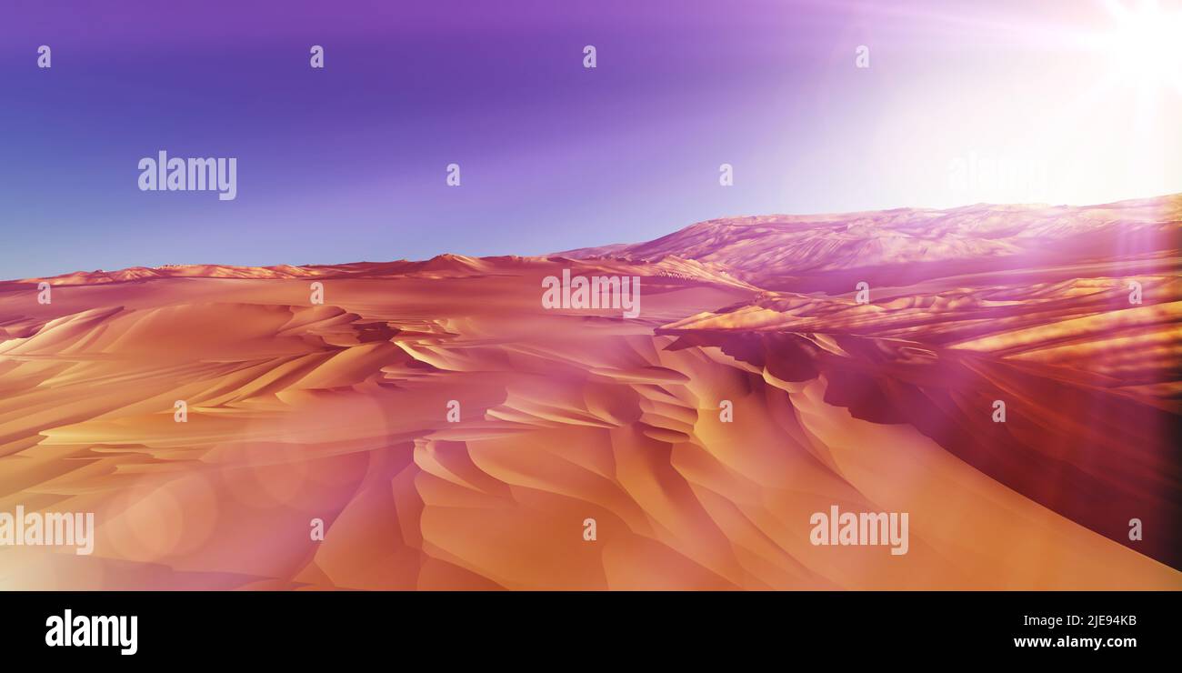 Dunes sunset over the desert. 3d rendering illustration Stock Photo - Alamy