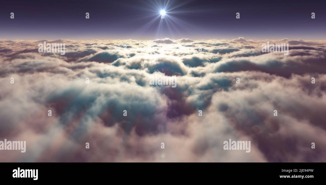 dream fly above clouds ray light, 3d rendering illustration Stock Photo ...
