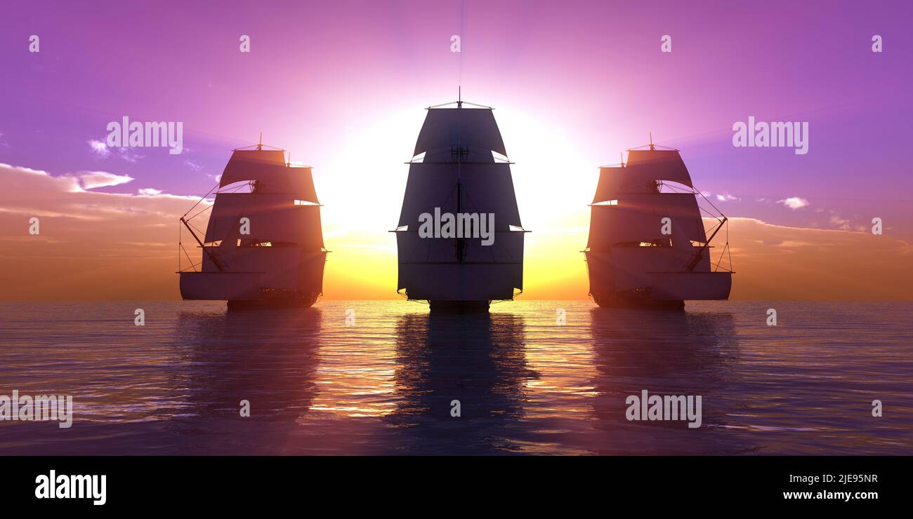 old three ships sunset at sea, 3d rendering illustration Stock Photo ...