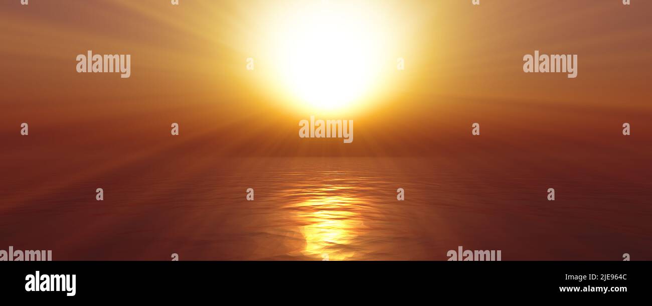 sunset sea sun ray clear sky, 3d rendering illustration Stock Photo - Alamy