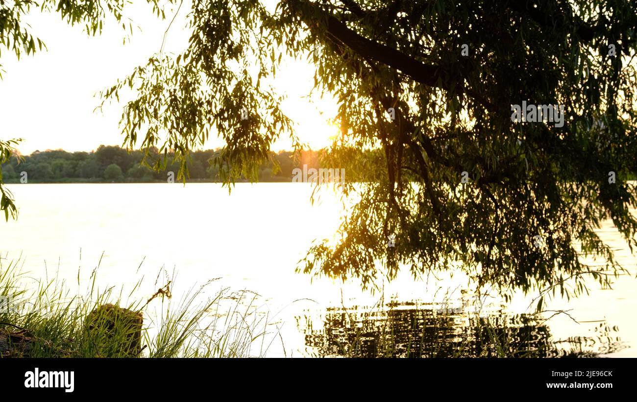 Scenic view of beautiful sunset above the river at summer evening with ...