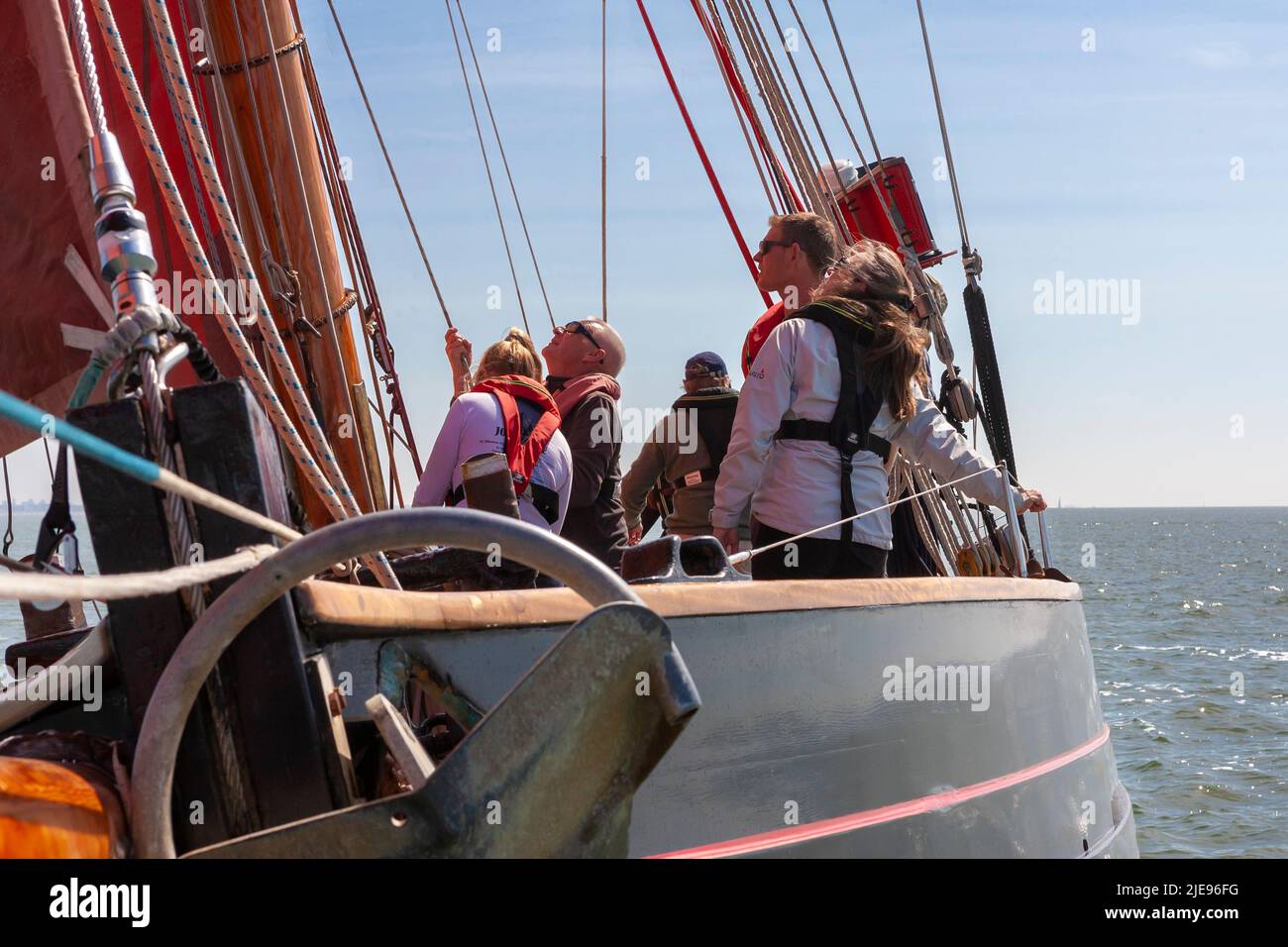 Sailing aboard the traditional gaff cutter "Jolie Brise": seen from out ...