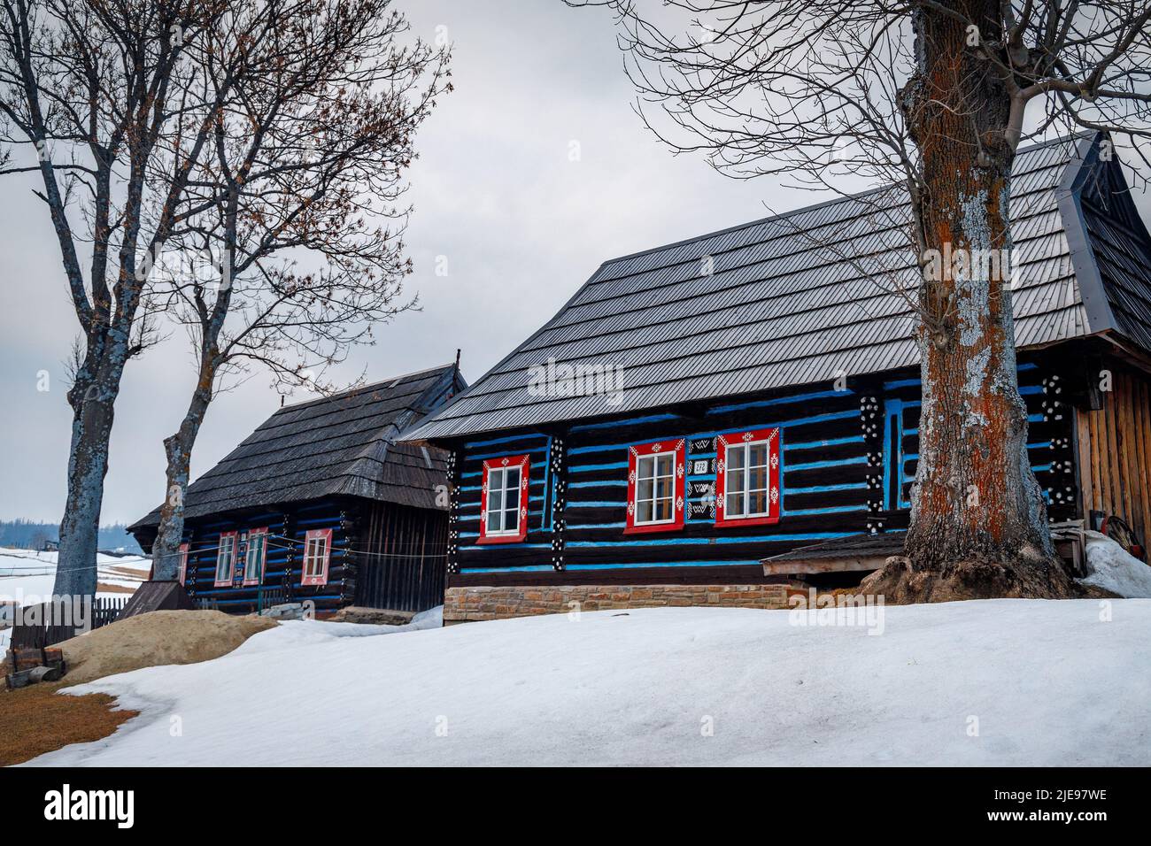 Folk architecture of the distinctive village of Zdiar at winter. High ...