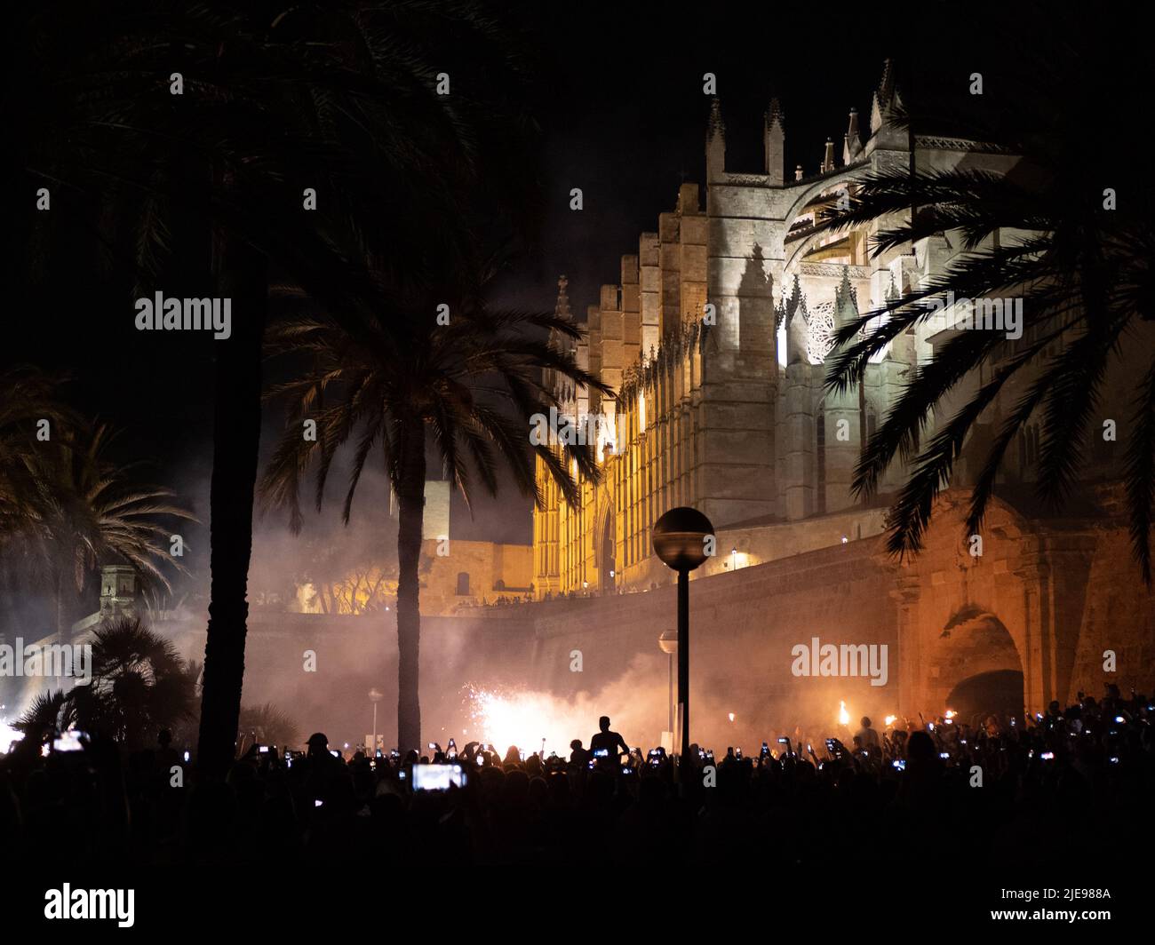 Palma de Mallorca, Spain; June 23rd 2022: Fireworks and the crowd by ...