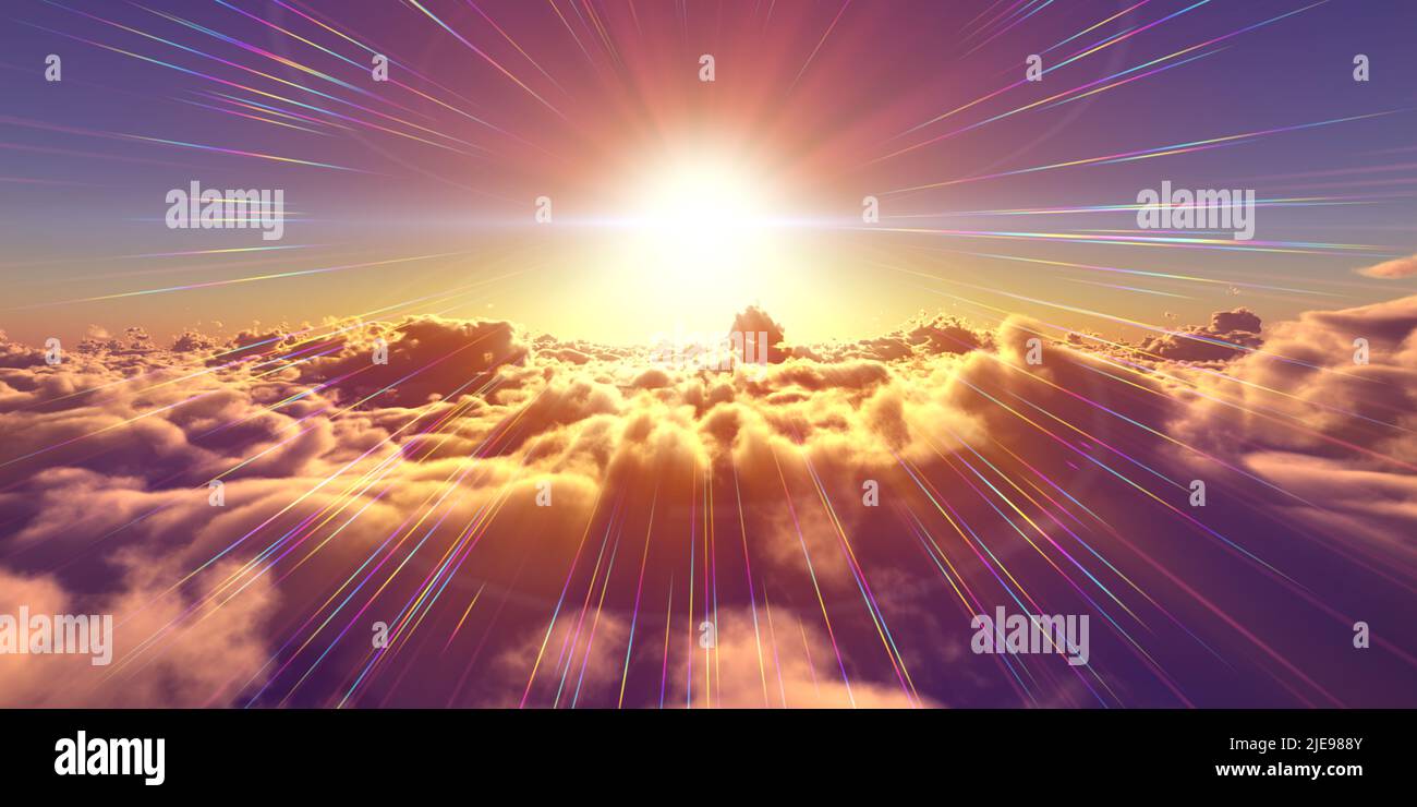 fly above clouds sunset landscape, 3d render illustration Stock Photo ...