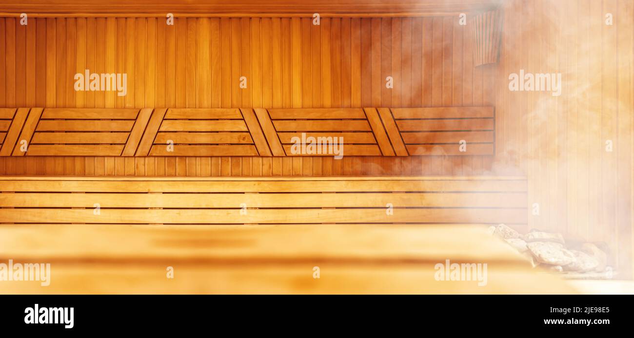 Interior of Finnish sauna, classic wooden sauna with hot steam. Russian ...