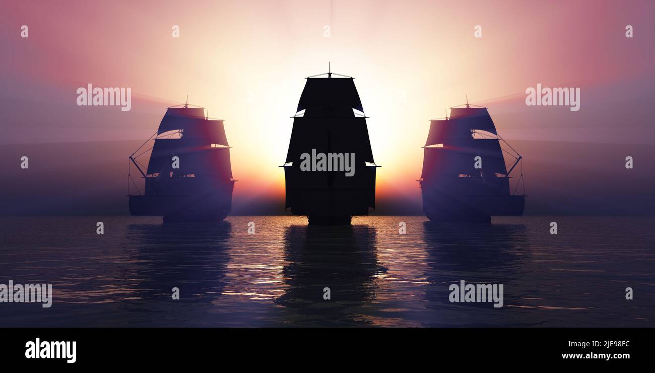 old three ships sunset at sea, 3d rendering illustration Stock Photo ...
