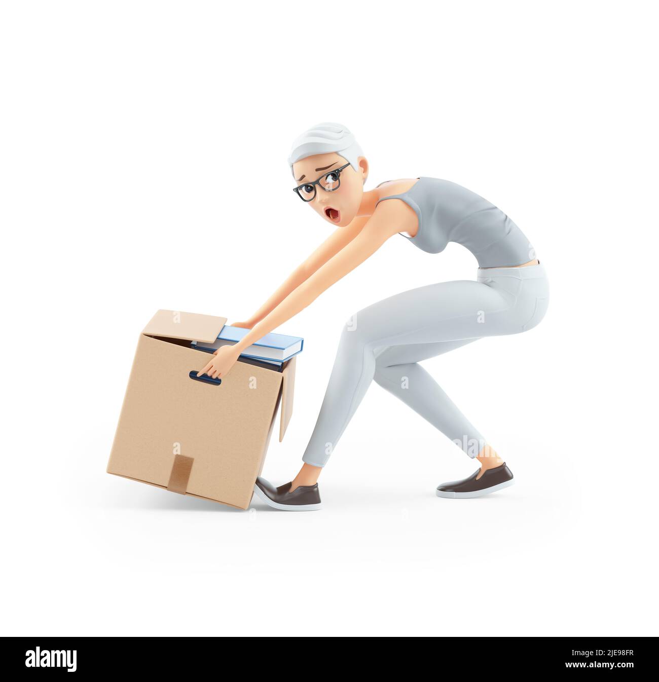 3d senior woman lifting heavy box, illustration isolated on white ...