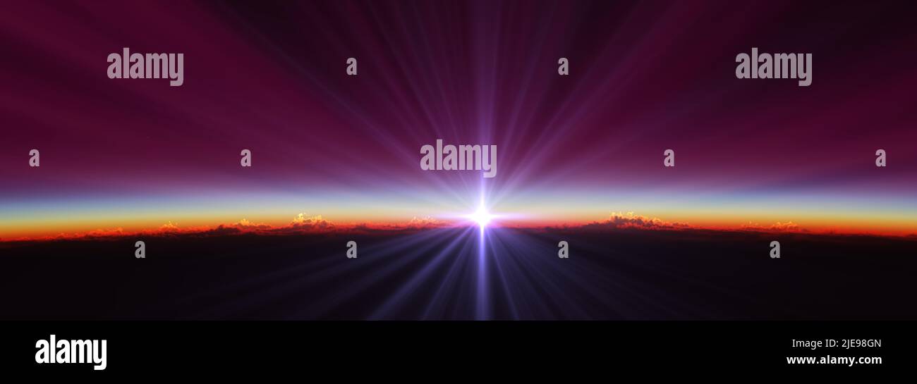 Earth sunrise from space over cloudy ocean. 3d rendering illustration ...