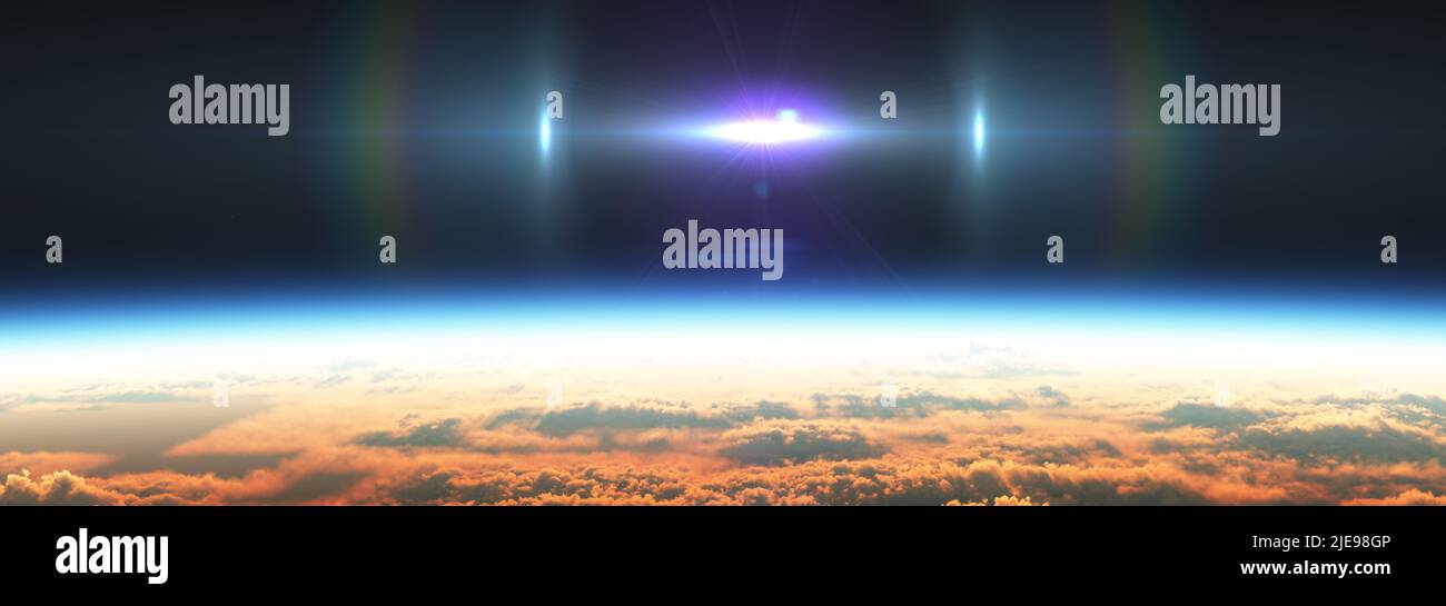 Earth sunrise from space over cloudy ocean. 3d rendering illustration ...