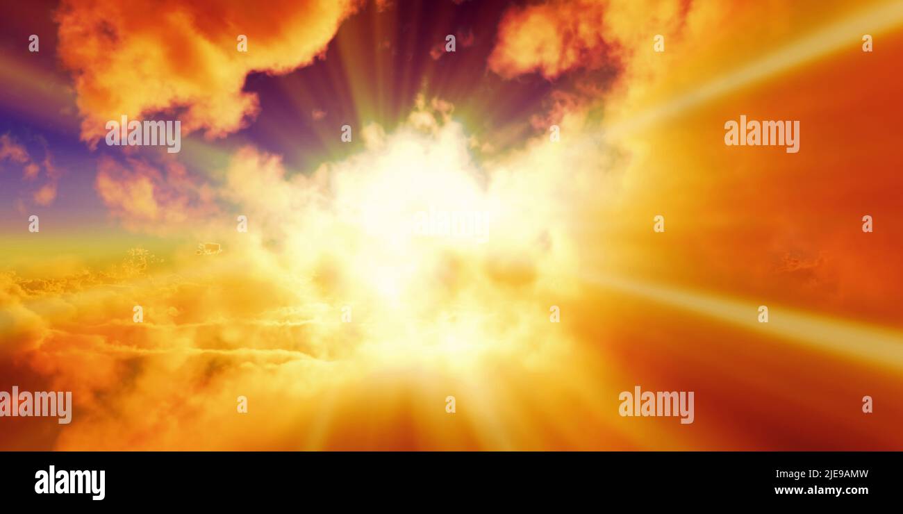 above clouds sun ray sunset. 3d render illustration Stock Photo - Alamy