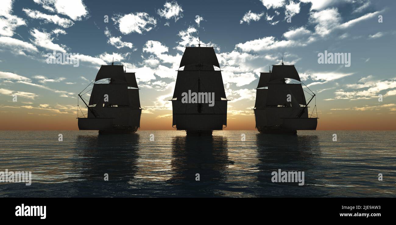 old three ships sunset at sea, 3d rendering illustration Stock Photo ...
