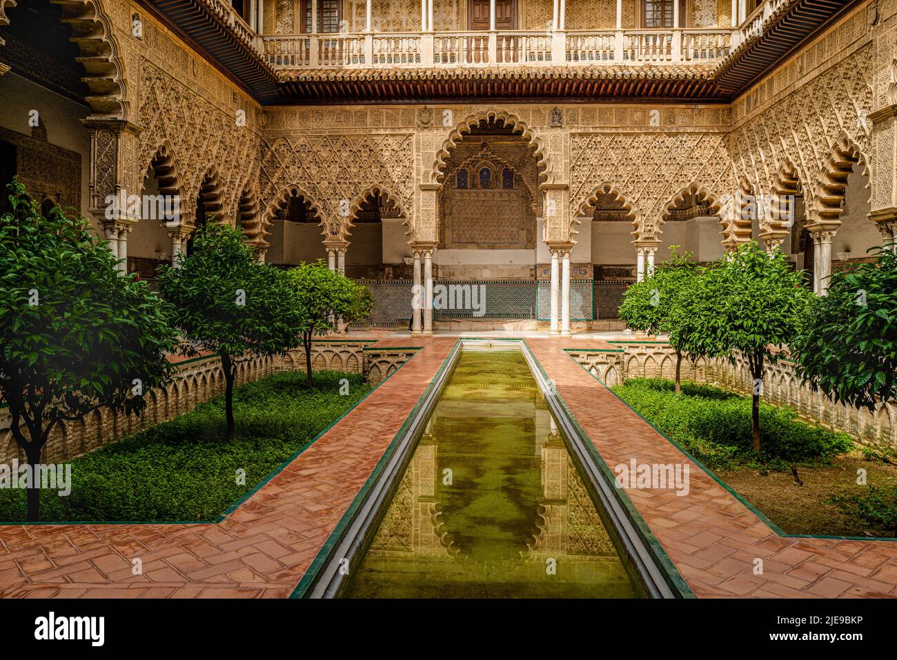 The Alcazar, Seville, Spain -- May 20, 2022. A wide angle photo taken ...