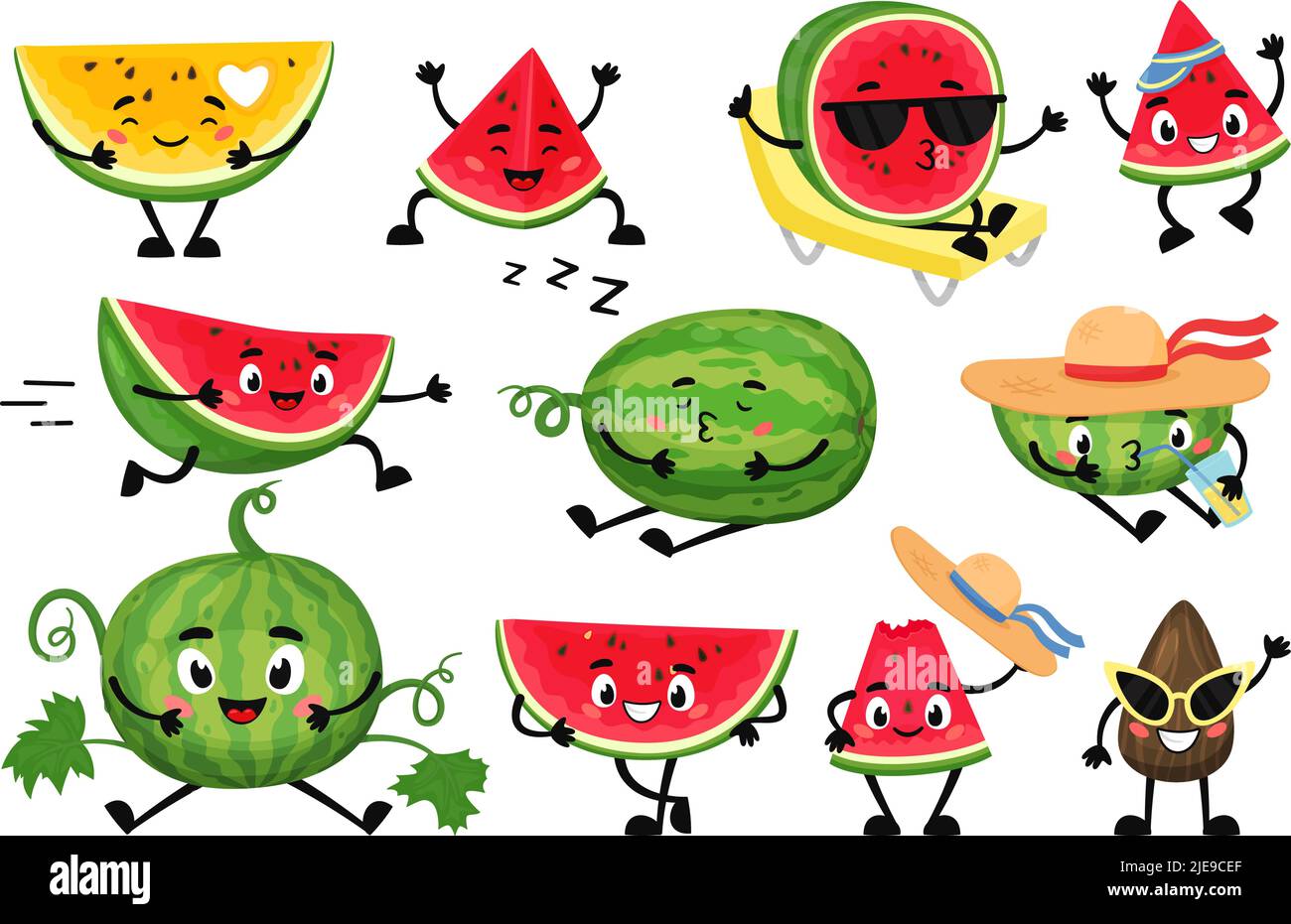 Cartoon watermelon characters. Funny juicy fruit with cute faces, hands ...