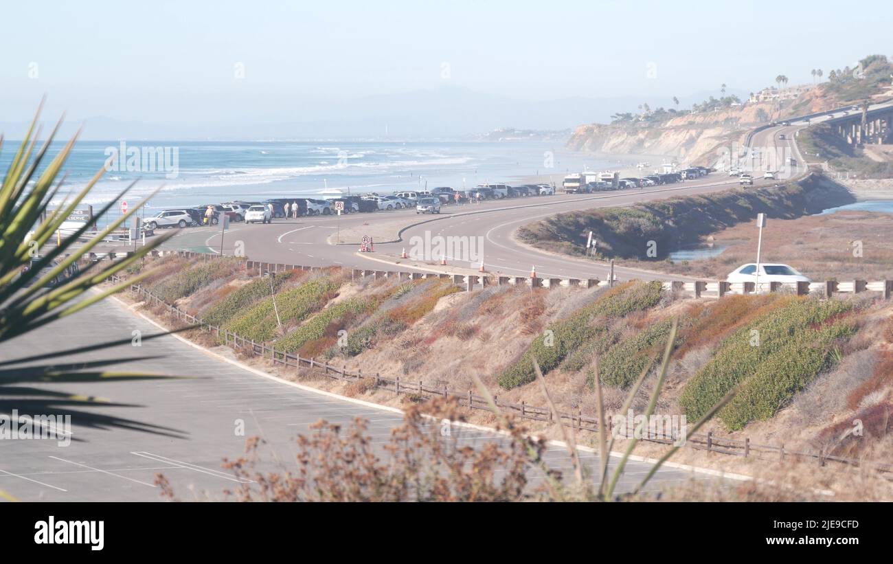 Pacific coast highway, Torrey Pines state beach, cars driving on road 1 ...