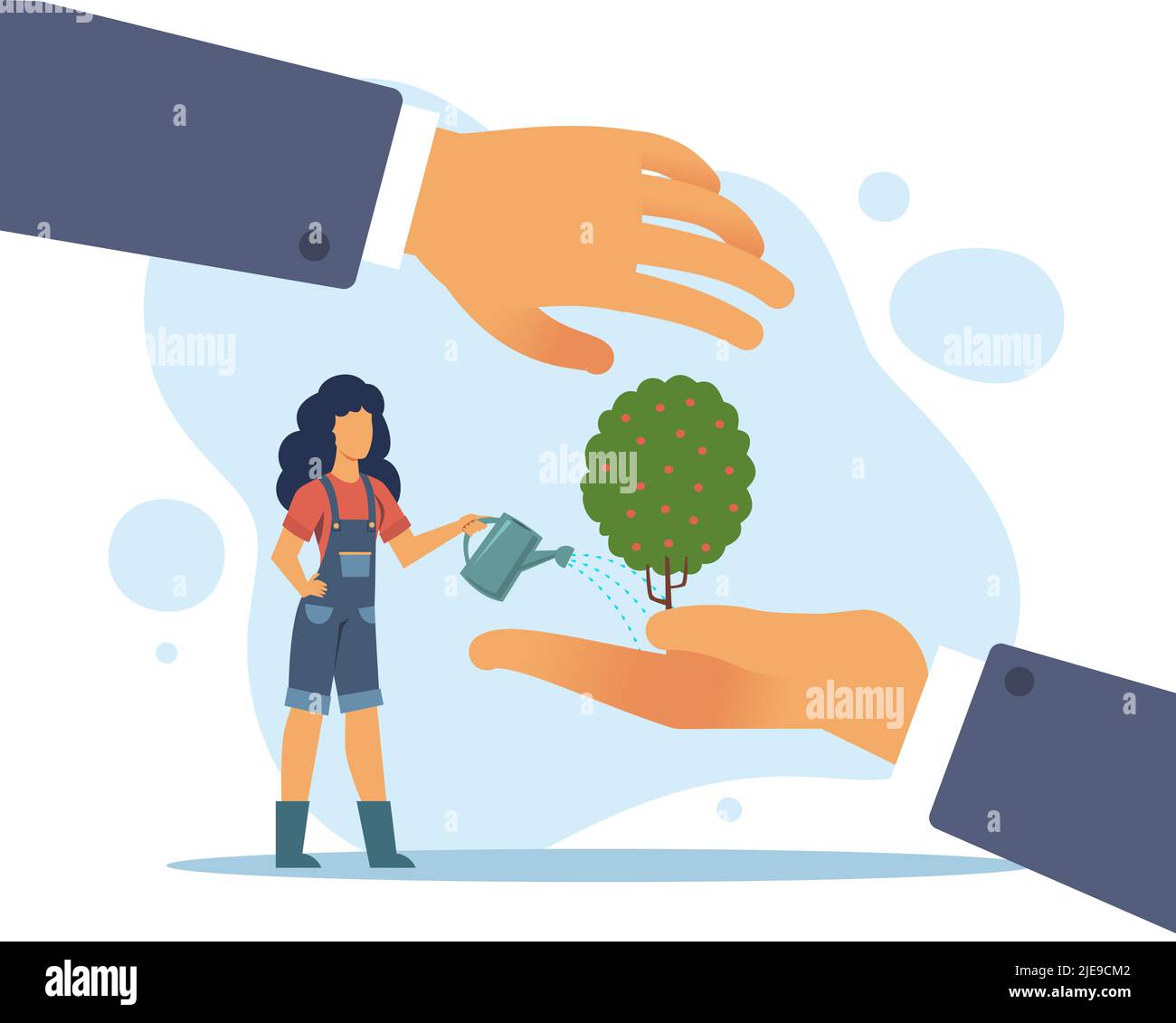 Environmental support. Women watering tree, people planting forest ...