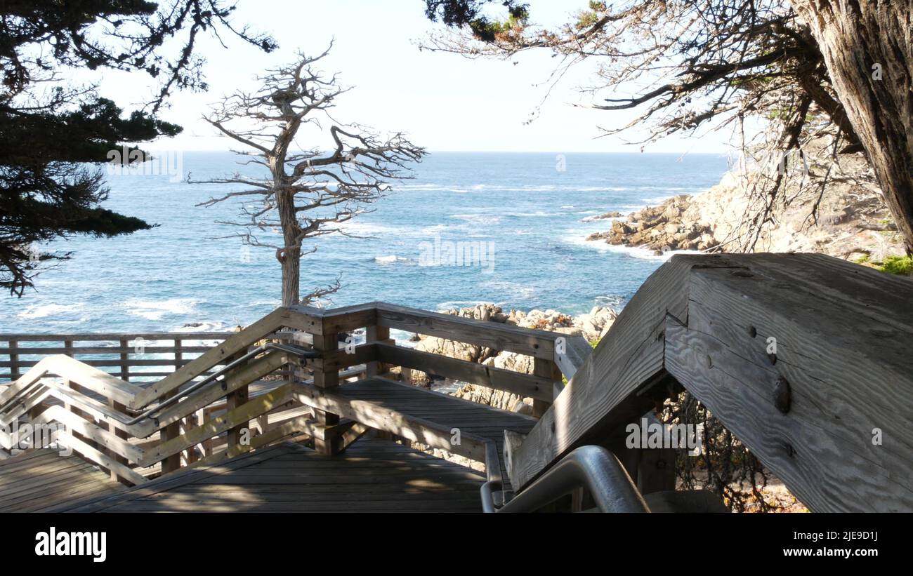 Wooden stairs to Lone Cypress viewpoint, scenic 17-mile drive tourist ...