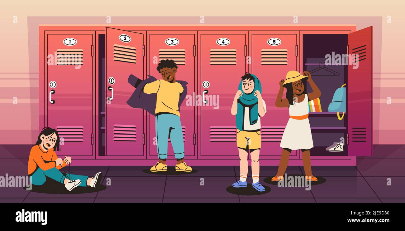 Kids changing clothes at lockers. Students in school locker room ...