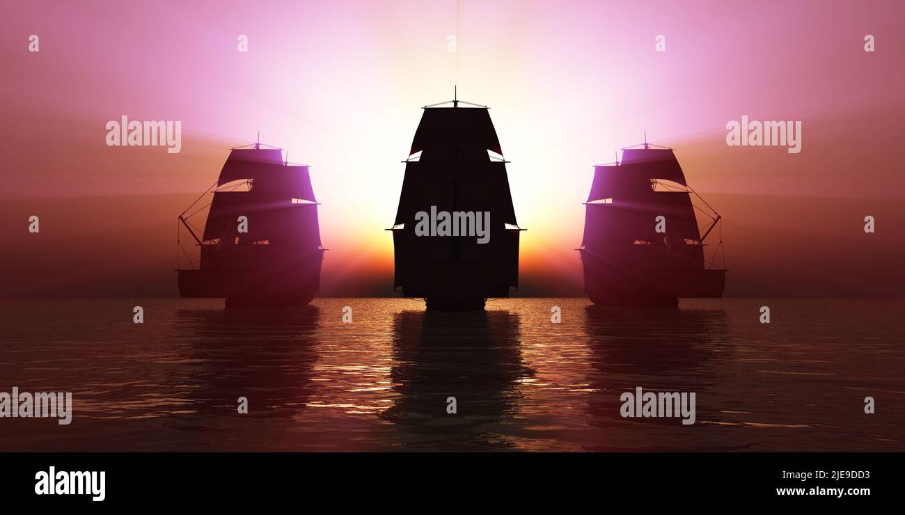 old three ships sunset at sea, 3d rendering illustration Stock Photo ...