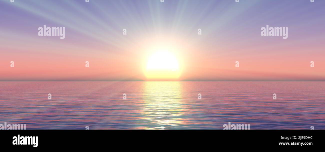 sunset sea sun ray clear sky, 3d rendering illustration Stock Photo - Alamy