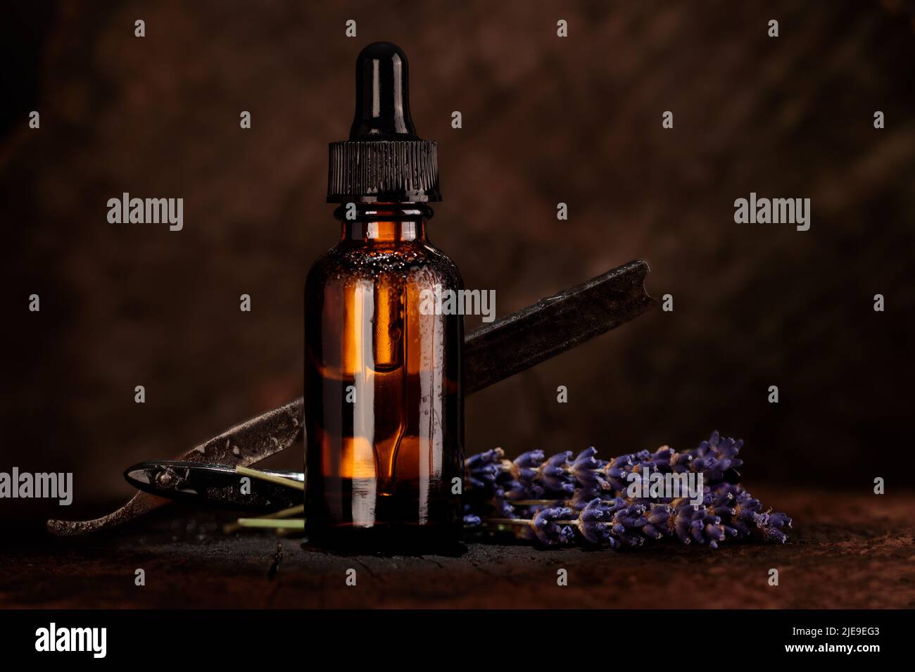Wooden table and herbal lavender dropper, beard shaving razor. Mockup ...