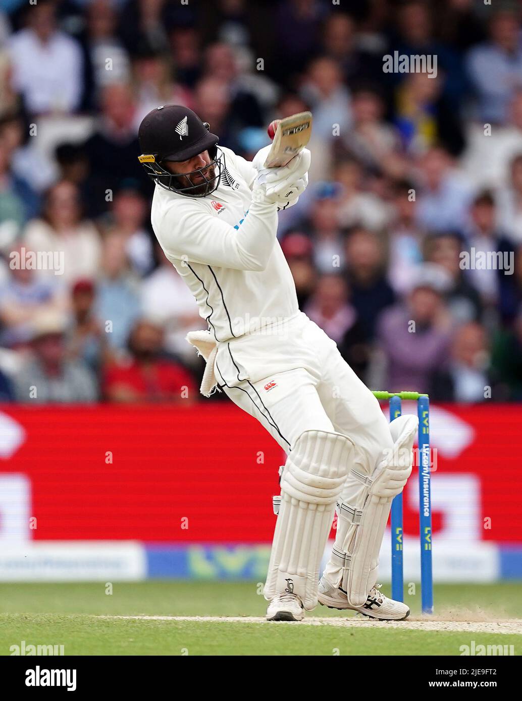 New Zealand's Tom Blundell plays a scoop shot as he bats during day ...