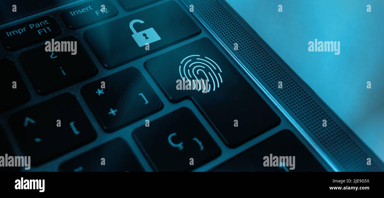 Banner of security tech concept with fingerprint on keyboard. Unlock user. Global technology ...