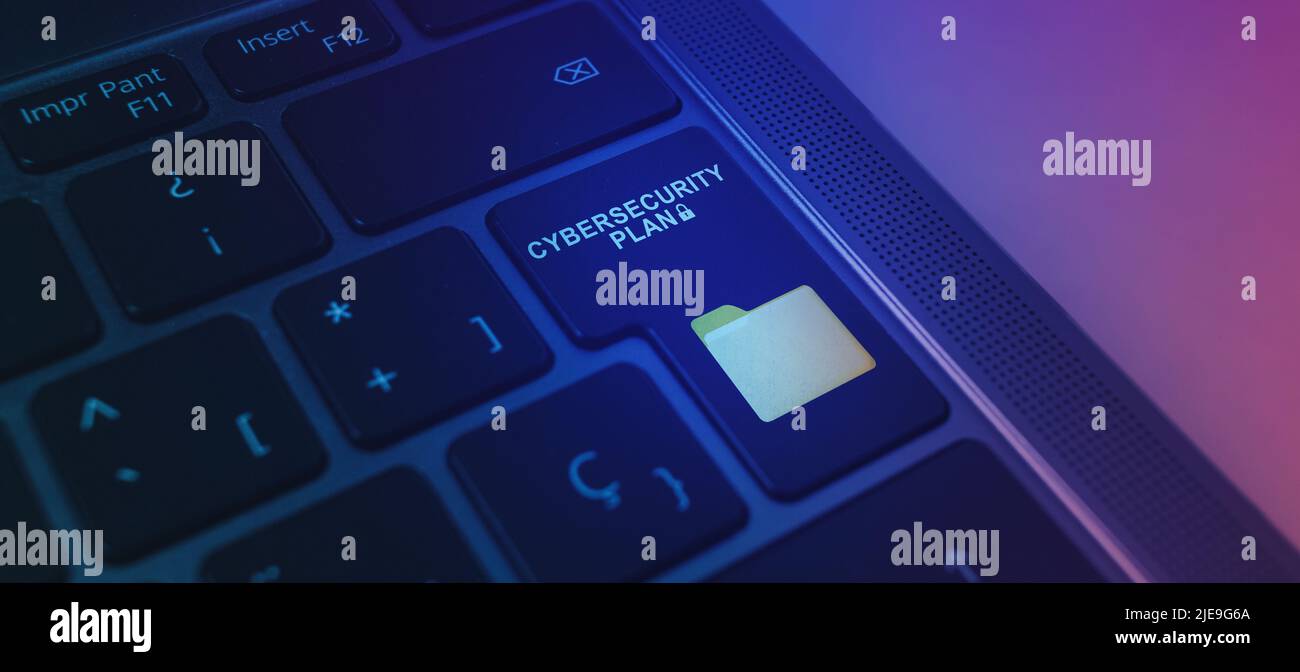 Banner of laptop keyboard with cybersecurity plan button. Data ...