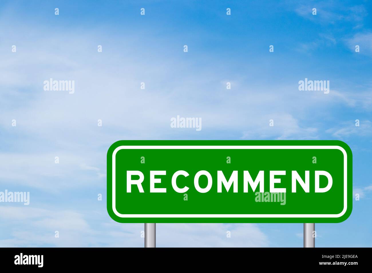 Green color transportation sign with word recommend on blue sky with ...