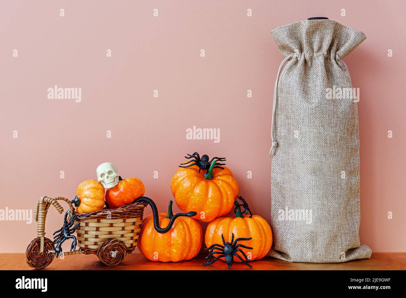 Halloween mockup with wine bag blank with pupkin and spiders. Wine bag ...