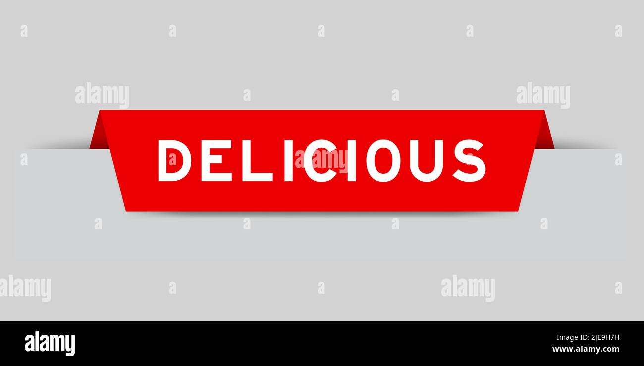 Red color inserted label with word delicious on gray background Stock ...