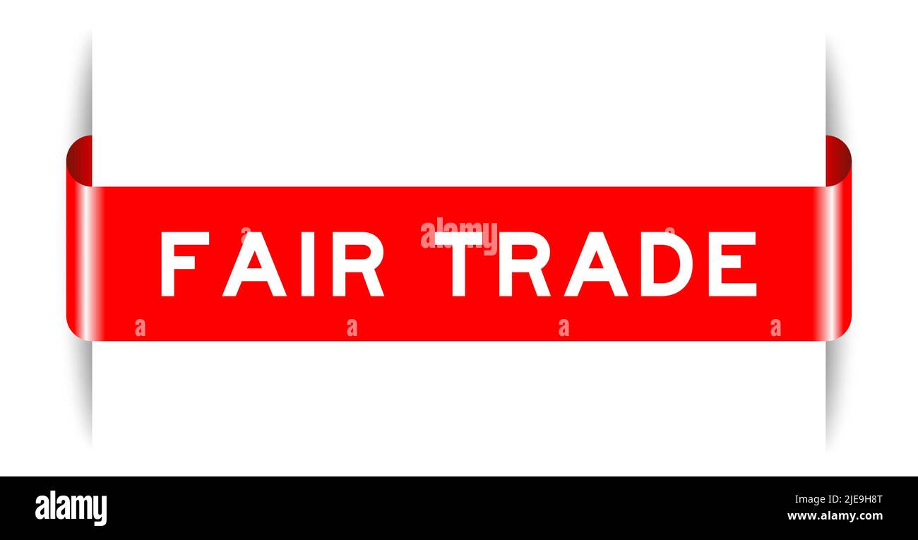 Red color inserted label banner with word fair trade on white ...