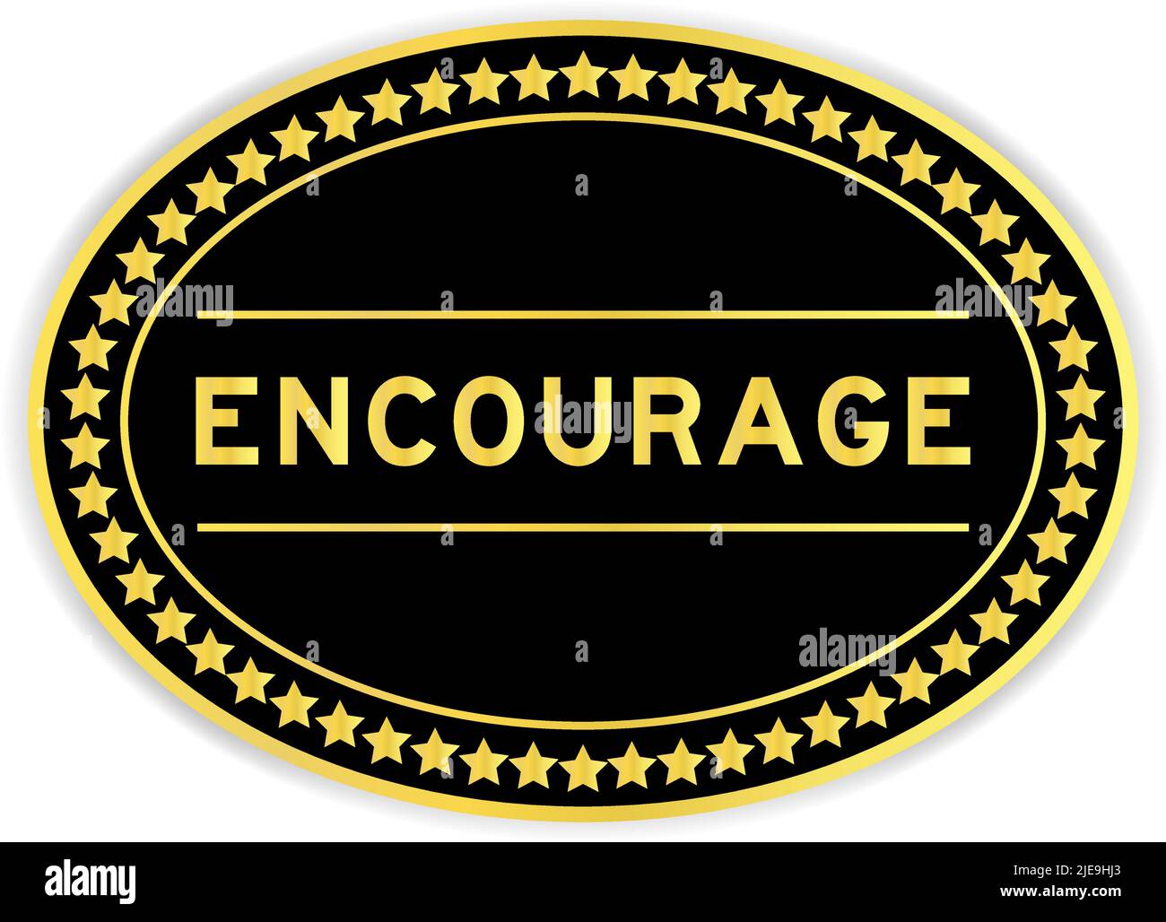 Black and gold color oval label sticker with word encourage on white ...