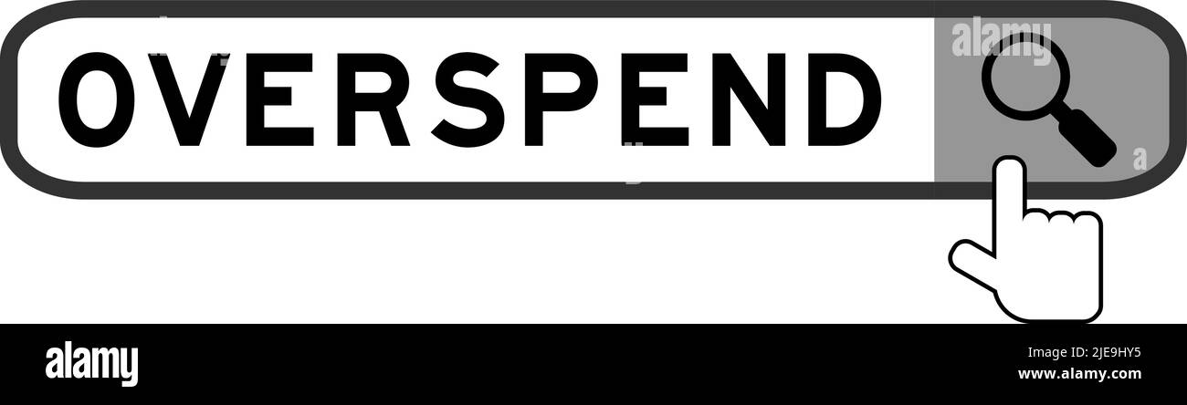 Search banner in word overspend with hand over magnifier icon on white ...