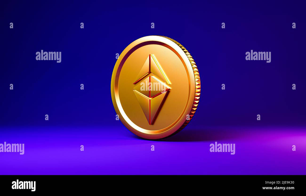 Ethereum as 3D coin with blue dark background, 3D render illustration ...
