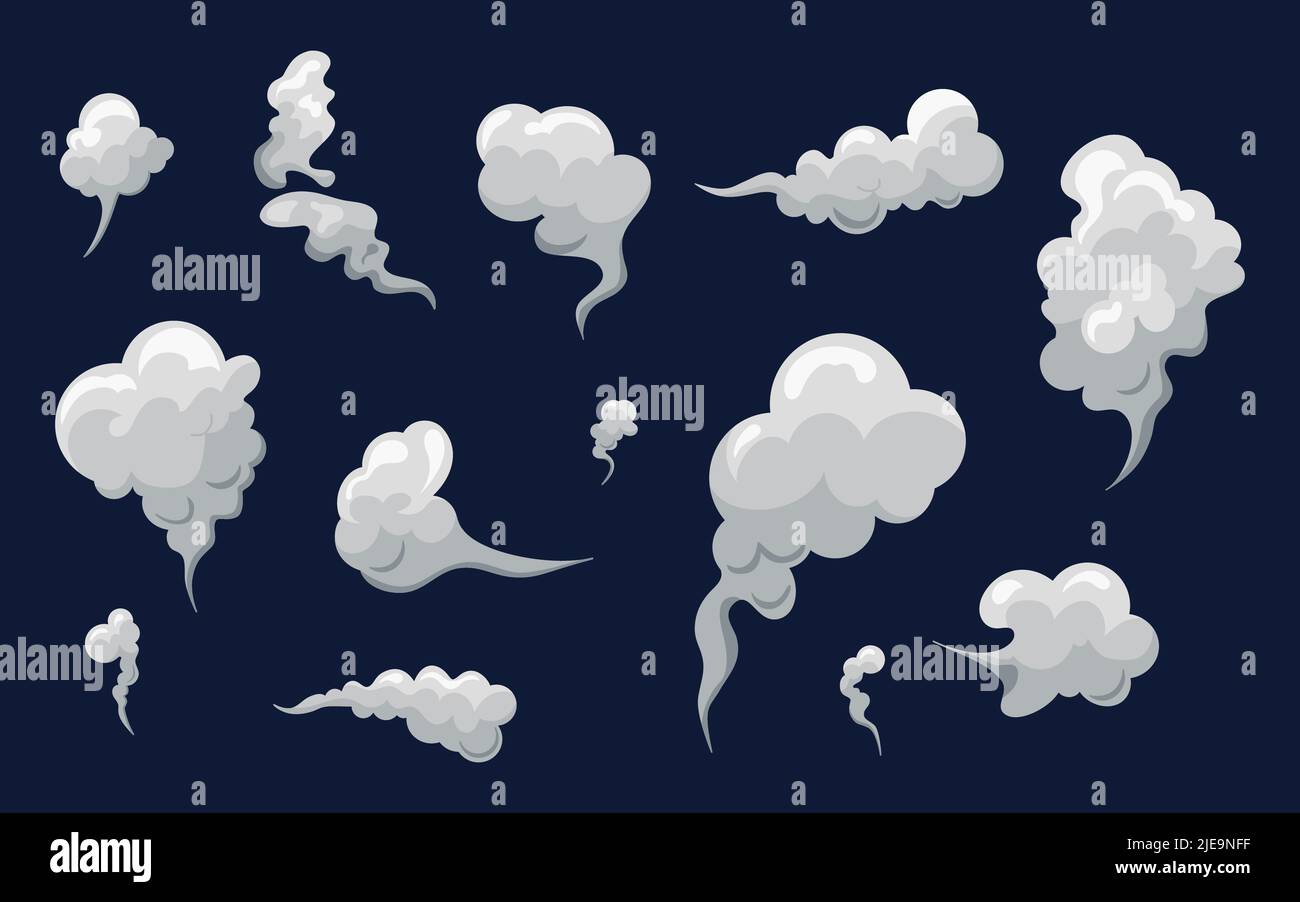 Smoke smell clouds in cartoon. White fog isolated clipart.Puff of wind ...