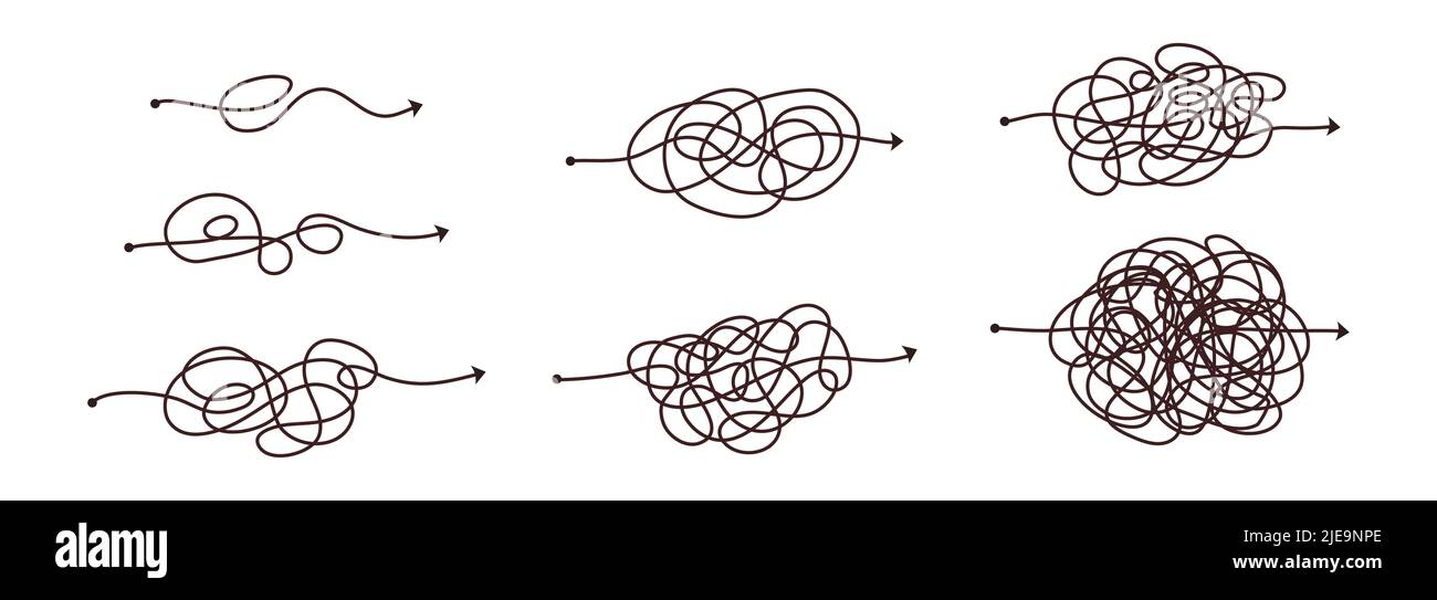 Simple line and complex easy way. Scribble doodle chaos mindset. Problem solving, difficult line ...