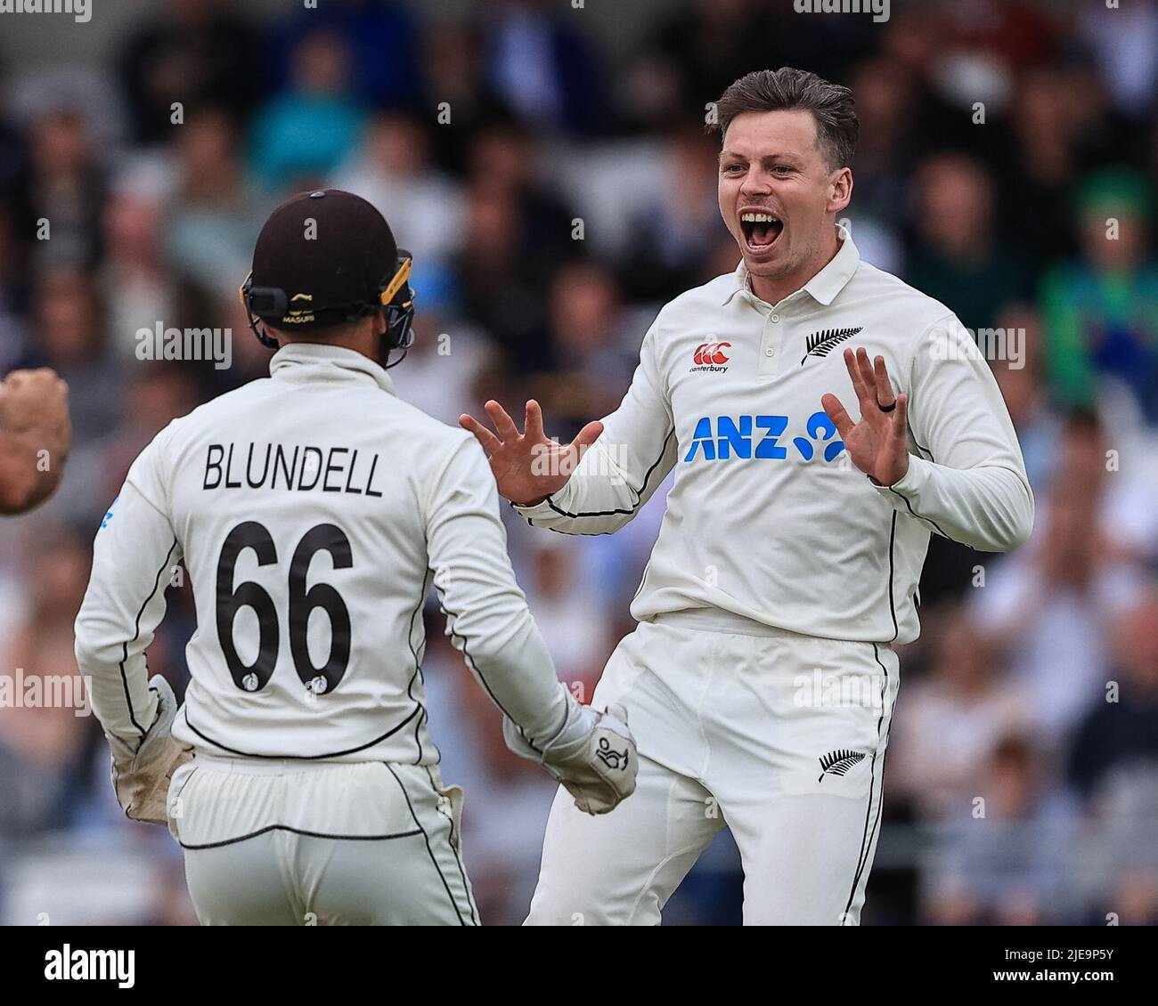 Michael Bracewell of New Zealand celebrates Zak Crawley of England ...