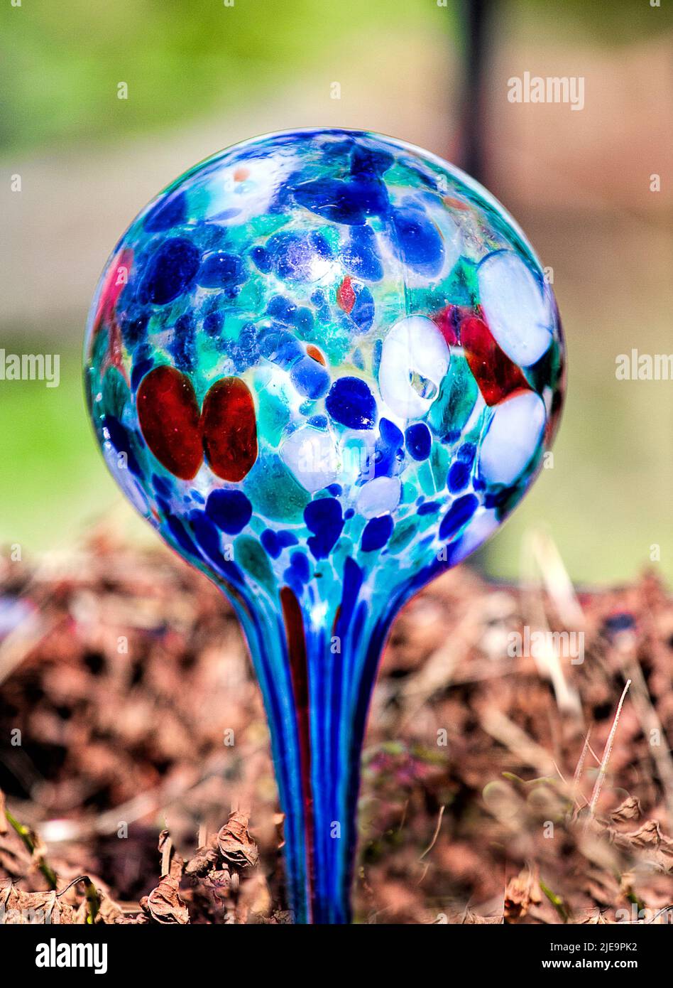 Blown Glass Water Container closeup in plant. Shades of blue glass ...