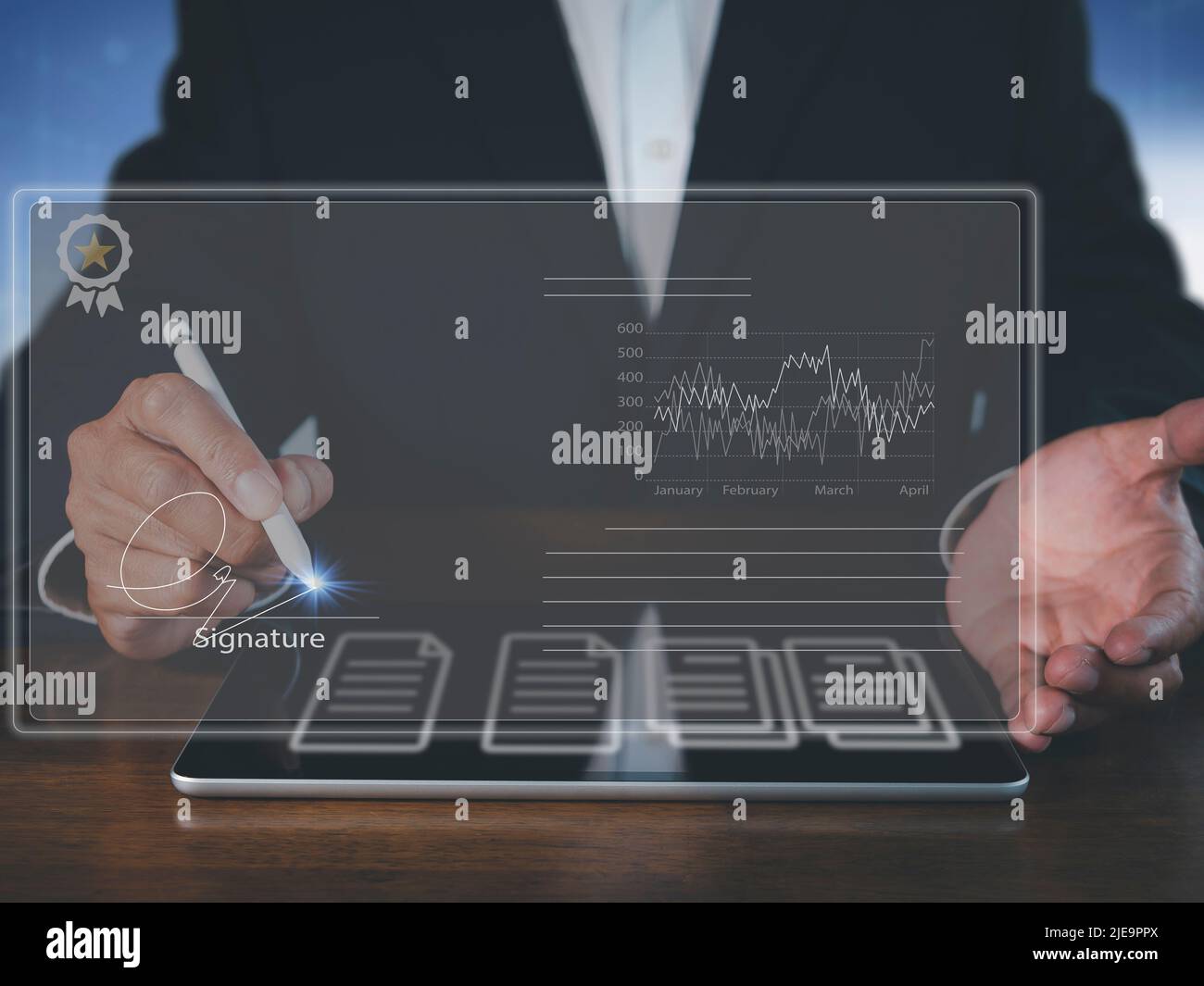 businessman use electronic pen sign signature on electronic E-signing ...