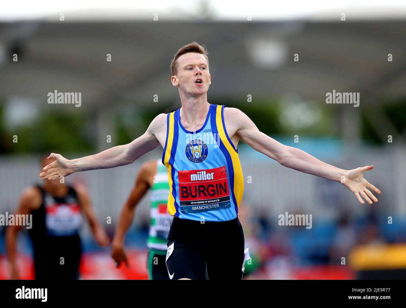 Max Burgin celebrates winning the Men's 800m final during day three of ...