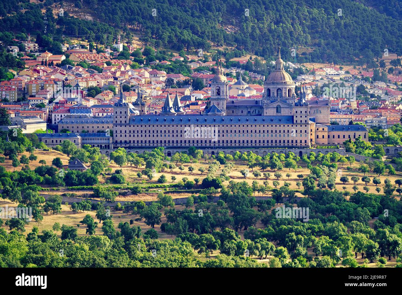 Monastery of El Escorial between mountains located in Madrid, Spain ...