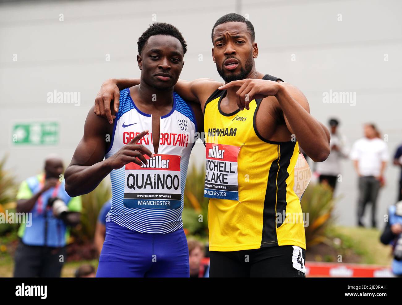 Nethaneel Mitchell-Blake (right) poses with Jeriel Quainoo after ...