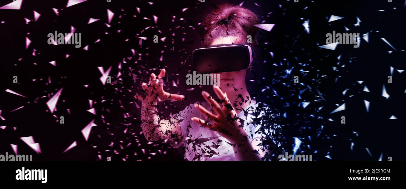 Banner of metaverse. A young woman in VR glasses creates objects in ...