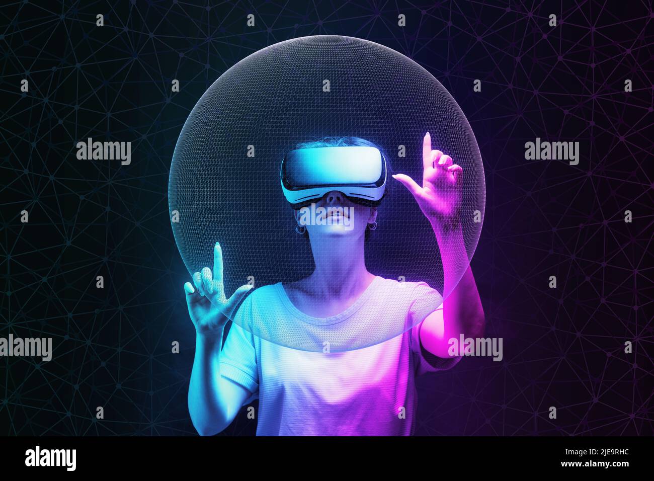 Metaverse and 3D simulation. Portrait of young woman in VR glasses ...