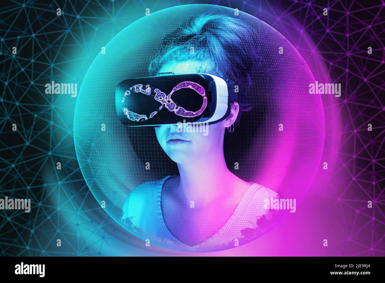 Virtual circle shows a young woman in VR glasses with sign of metaverse ...