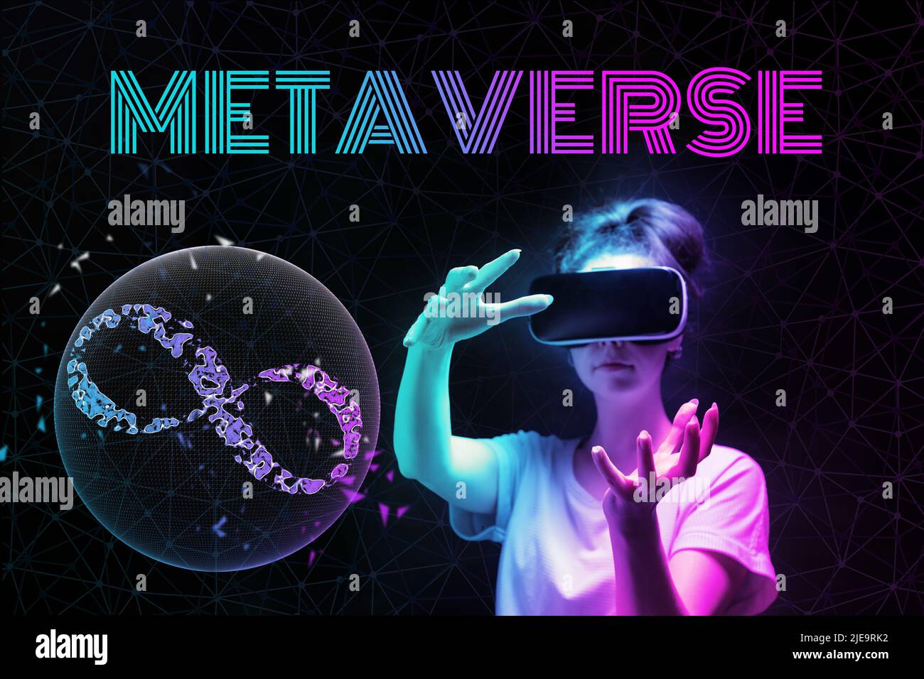 Augmented reality. Portrait of young woman in VR glasses creates 3D ...